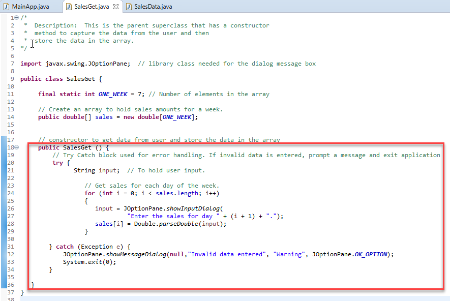 Below is the code to prompt the user to enter the data and store the data inthe sales array